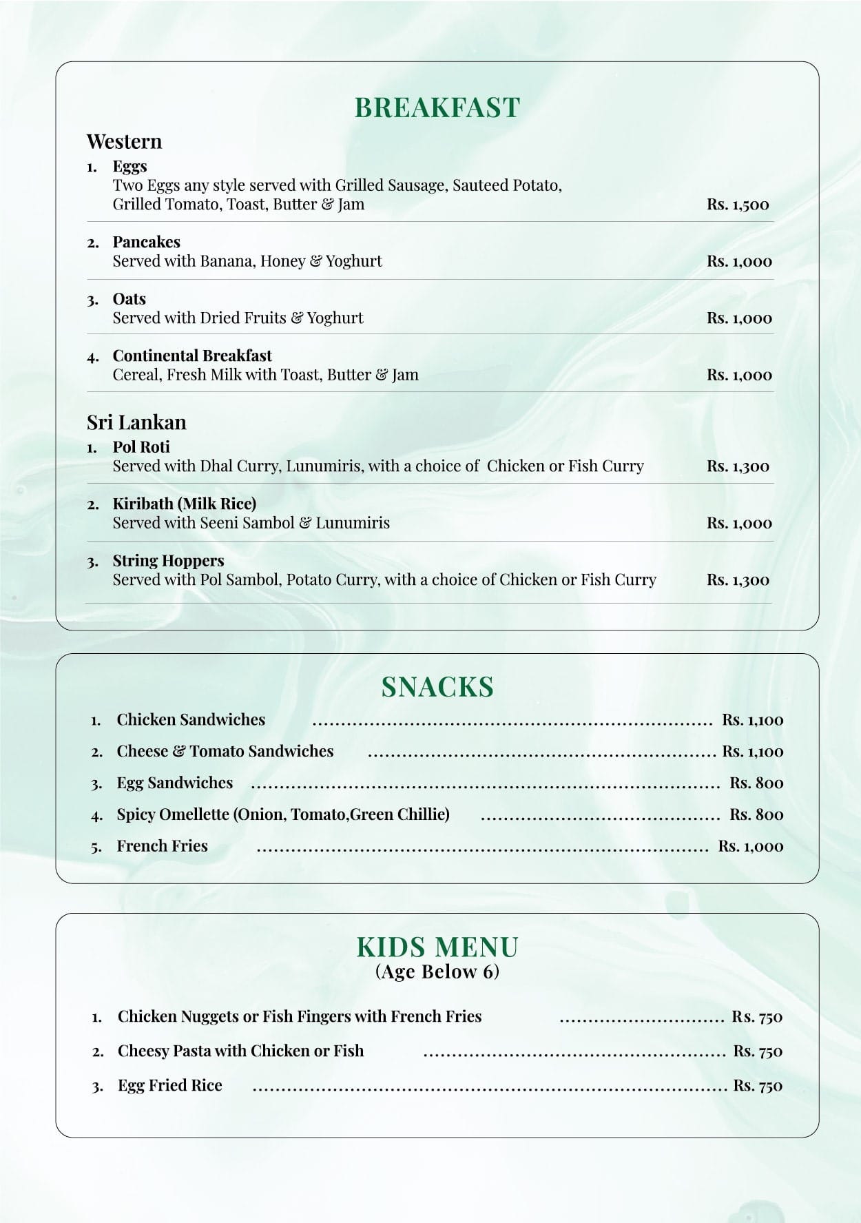A la Carte Menu – Clouds Holiday Bungalow Haputale