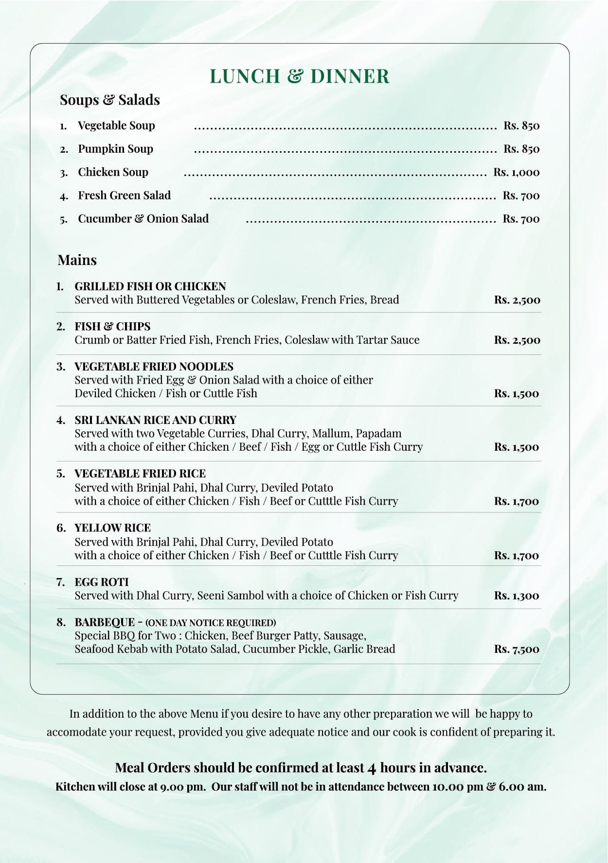 A la Carte Menu – Clouds Holiday Bungalow Haputale
