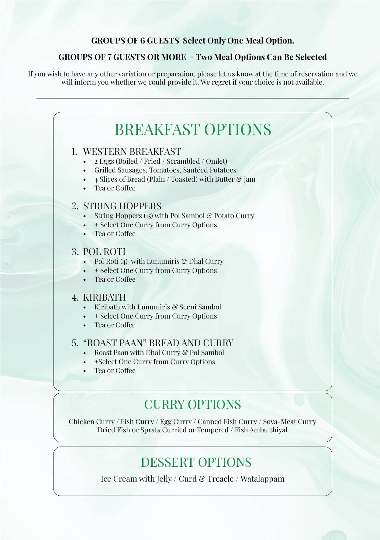 Set Menu – Clouds Holiday Bungalow Haputale