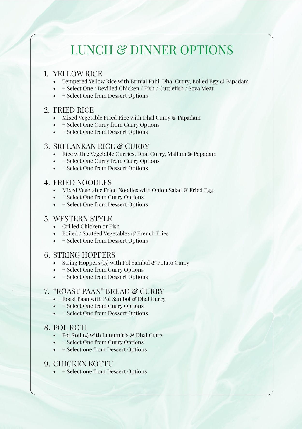 Set Menu – Clouds Holiday Bungalow Haputale